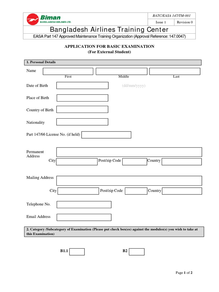 Bangladesh Airlines Training Center: Application For Basic Examination ...