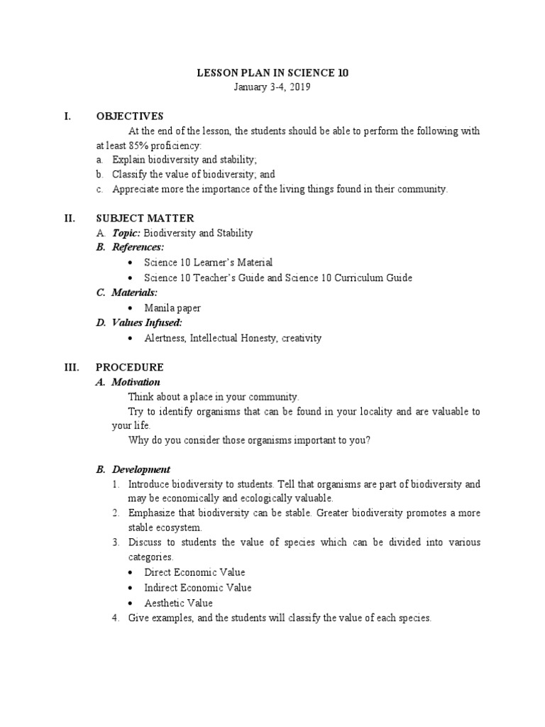 Biodiversity and Stability Lesson Plan | PDF | Biodiversity | Lesson Plan