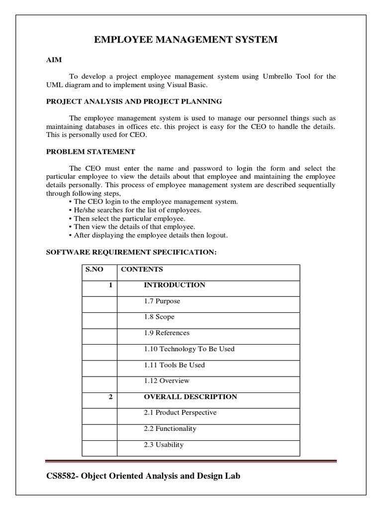 Employee Management System: CS8582-Object Oriented Analysis and Design Lab | PDF | Use Case | System