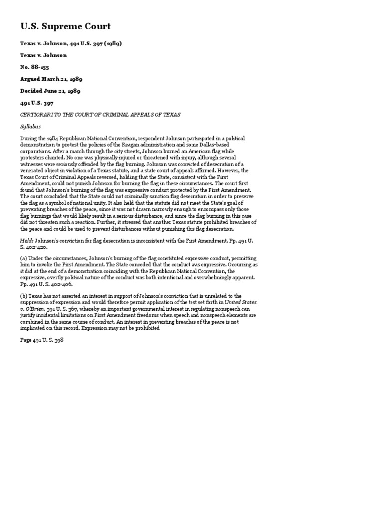 U.S. Supreme Court Upholds First Amendment Protection for Flag Burning ...