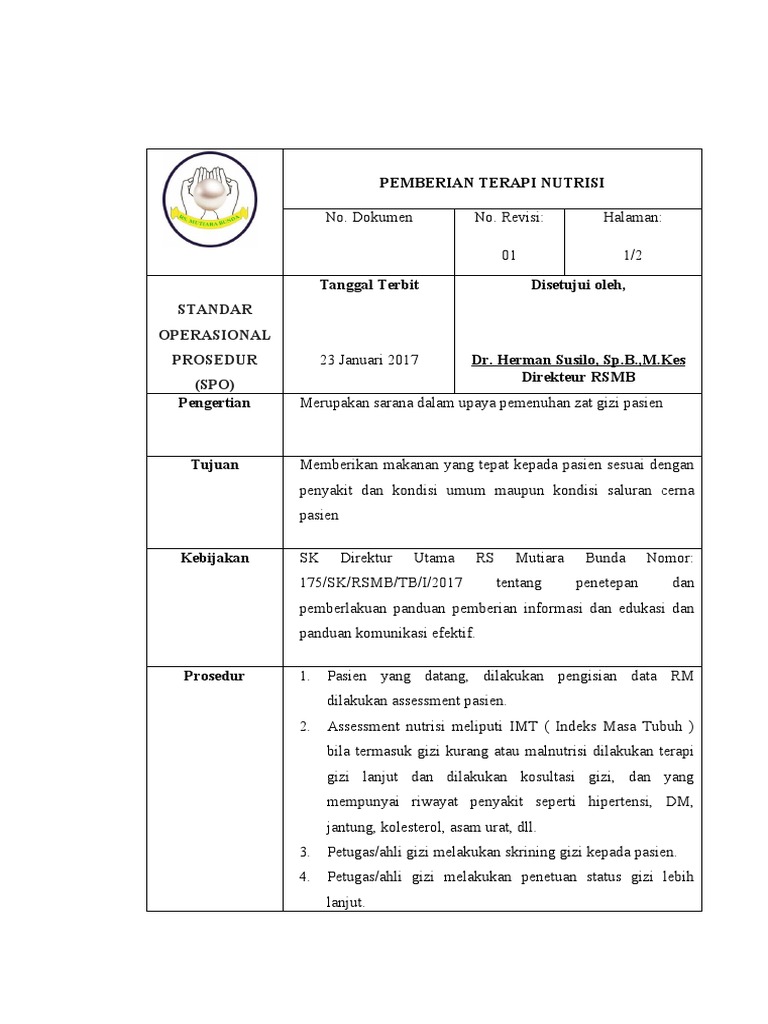Prosedur Pemberian Terapi Nutrisi Pasien | PDF