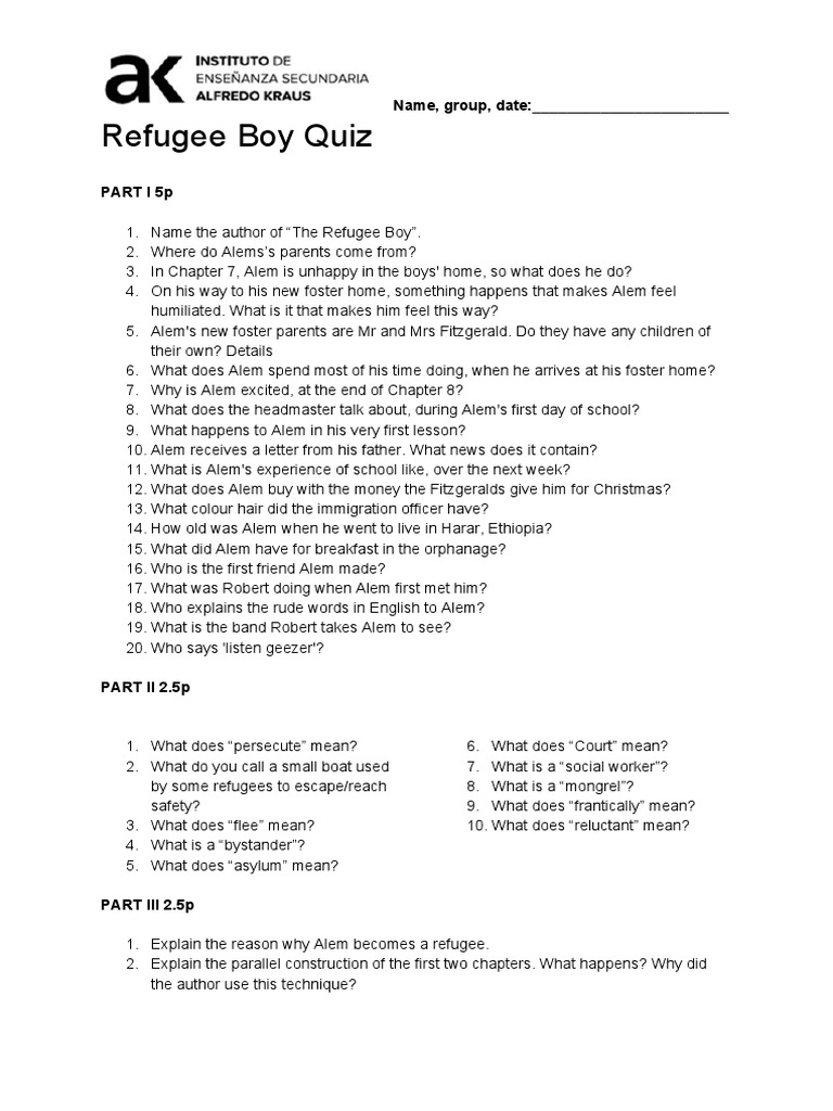 Refugee Boy Quiz and Study Guide | PDF