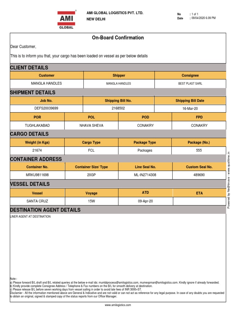 On-Board Shipment Confirmation Letter | PDF | Cargo | Water Transport