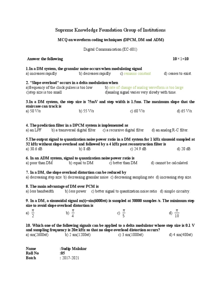 MCQ on Waveform Coding Techniques | PDF | Sampling (Signal Processing ...