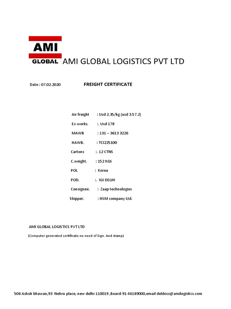 Freight Shipment Details from Korea to Delhi, India | PDF