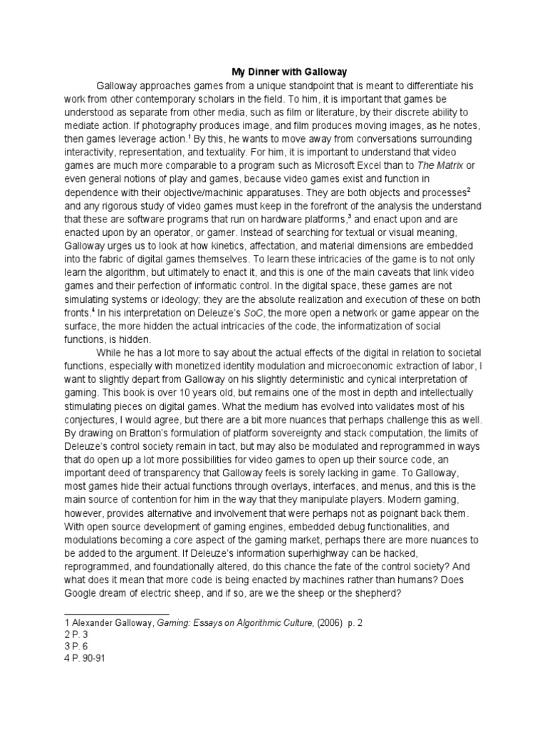 My Dinner With Galloway: Alexander Galloway, Gaming: Essays On ...