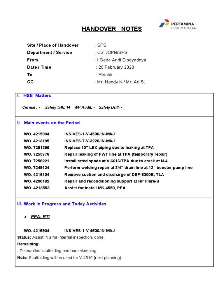 Handover Notes: Site / Place of Handover Department / Service From Date ...