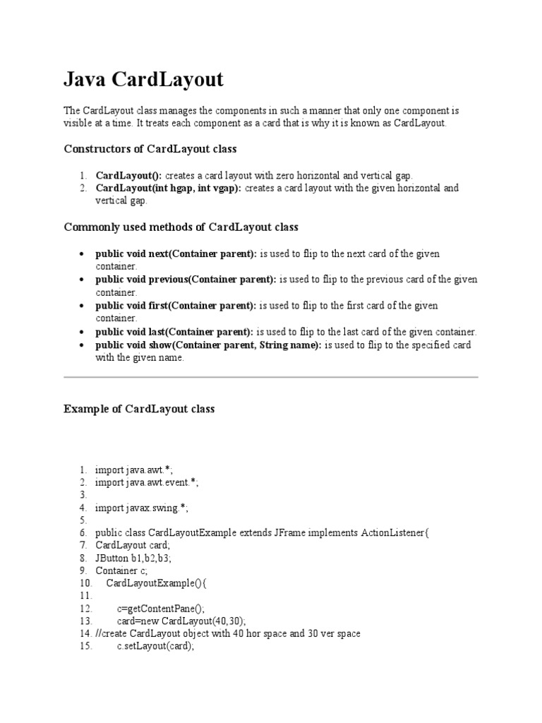 Java Cardlayout: Constructors of Cardlayout Class | PDF