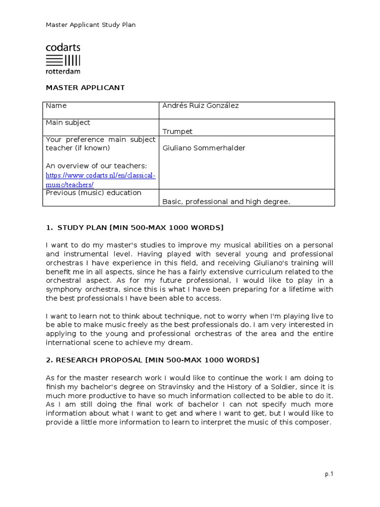 Master's Study Plan for Trumpet at Codarts | PDF | Language Arts & Discipline | Foreign Language ...