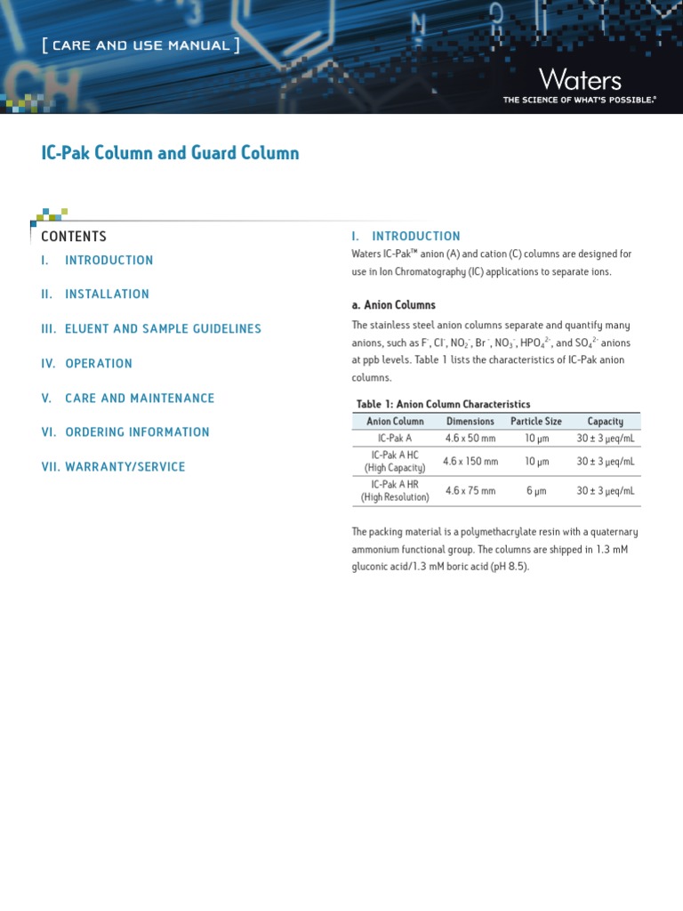 IC-Pak Column and Guard Column: (Care and Use Manual) | PDF | High ...