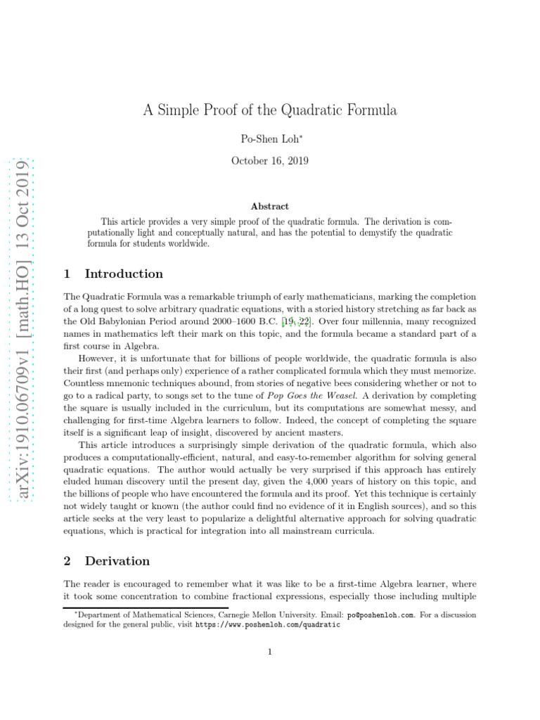 A Simple Proof of The Quadratic Formula: Po-Shen Loh October 16, 2019 ...