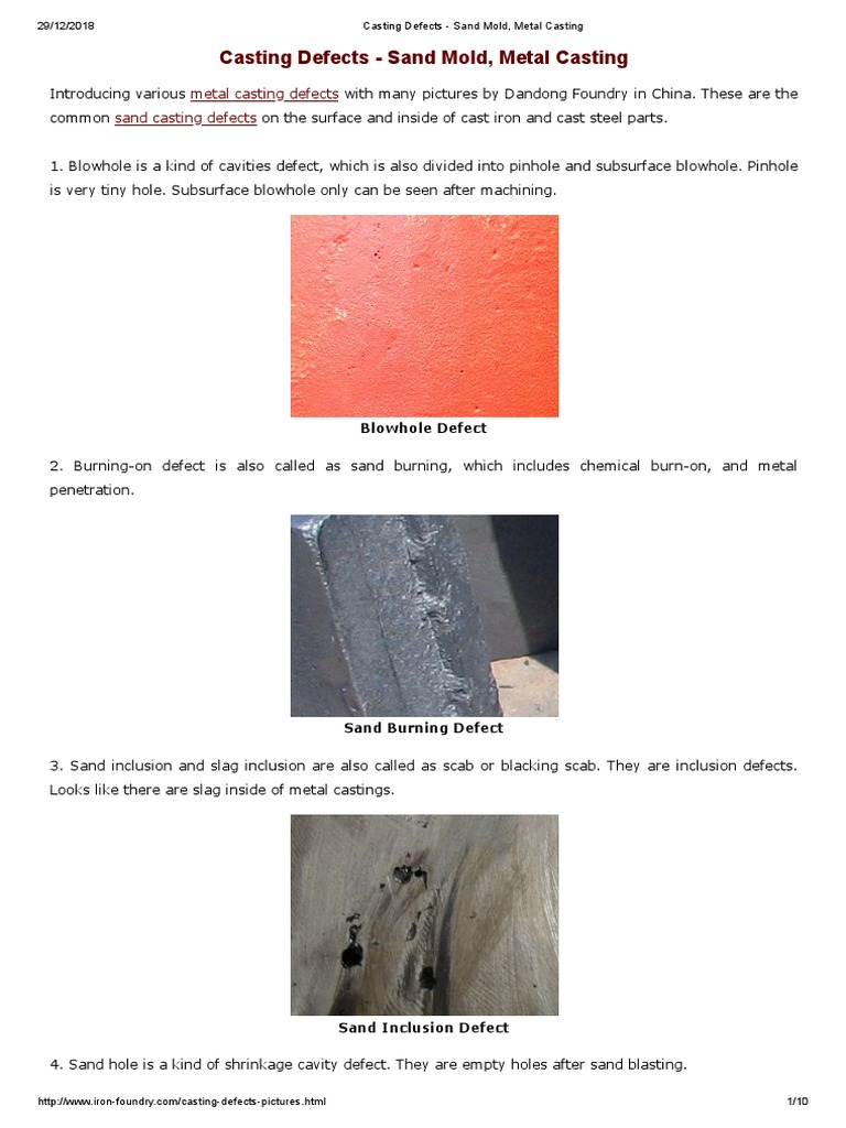 Casting Defects - Sand Mold, Metal Casting PDF | PDF | Casting (Metalworking) | Applied And ...