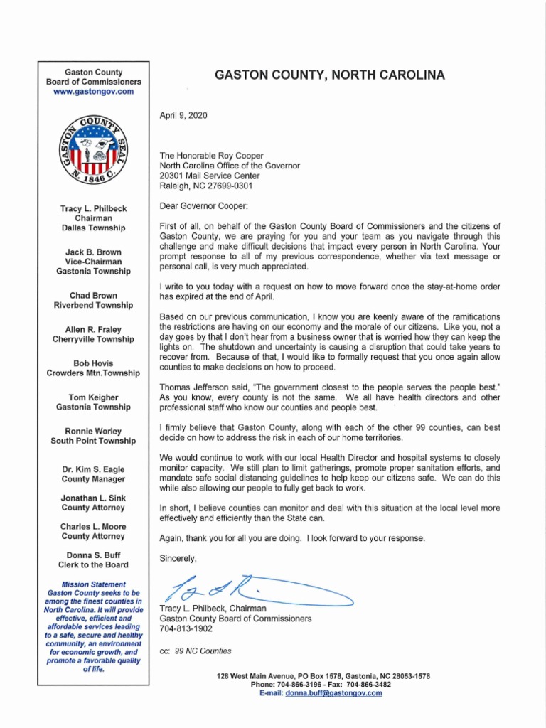 Letter From Tracy Philbeck To Gov. Roy Cooper | PDF