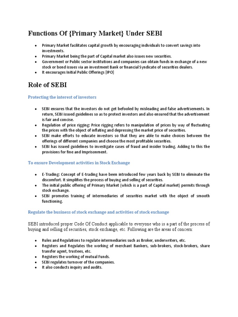 Functions of (Primary Market) Under SEBI: Protecting The Interest of ...