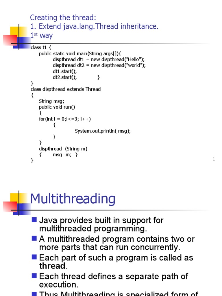 Creating The Thread: 1. Extend Java - Lang.thread Inheritance. 1 Way | PDF | Thread (Computing ...