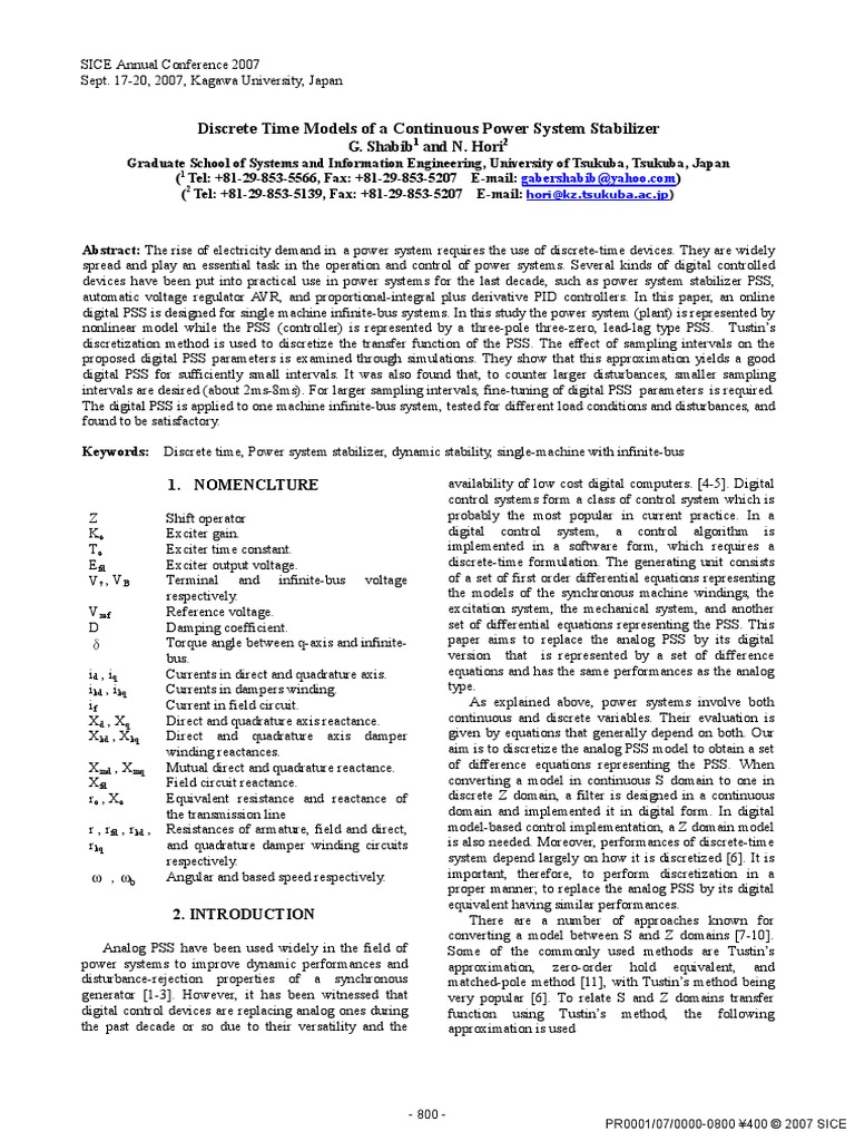 Discrete Time Models of A Continuous Power System Stabilizer | PDF | Discrete Time And ...