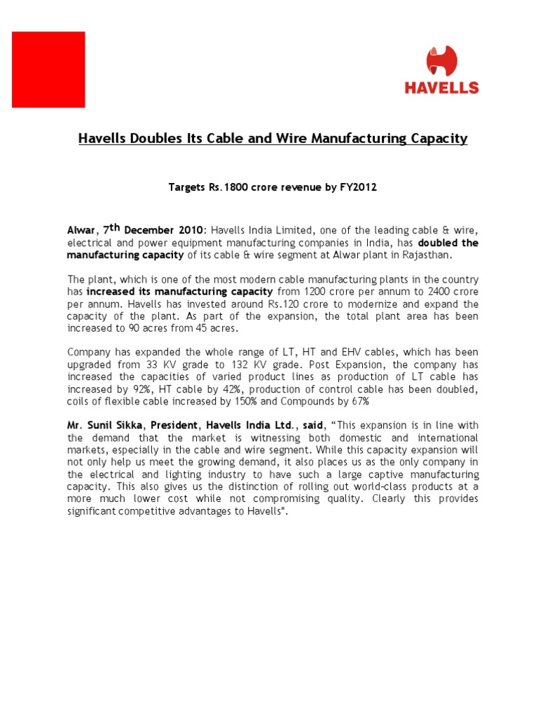 Havells Alwar Plant Capacity Doubles | PDF | Electricity | Electric Power