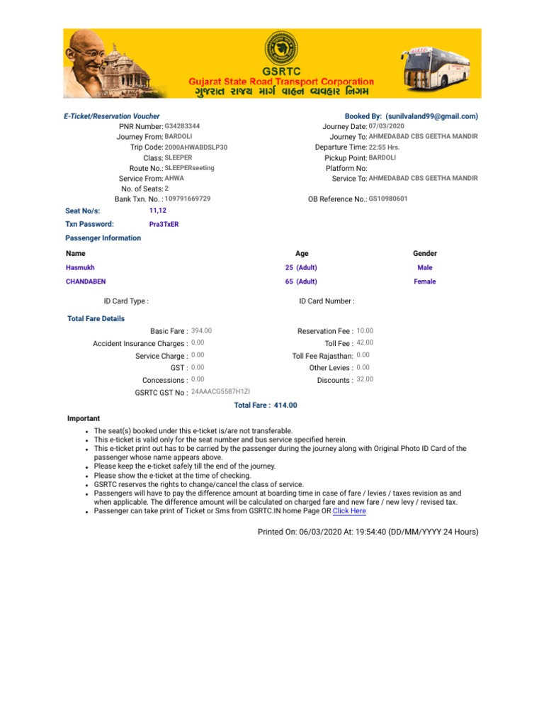 E-Ticket Confirmation for a Two-Person Sleeper Bus Trip from Bardoli to ...