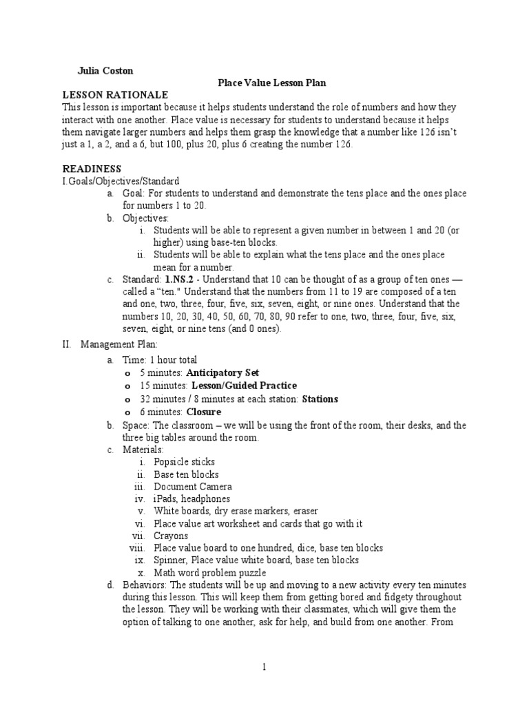 Julia Coston Place Value Lesson Plan Lesson Rationale | PDF | Classroom ...