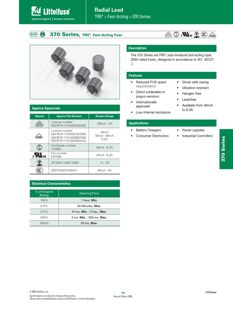370 Series,: Radial Lead Fuses Radial Lead | PDF | Fuse (Electrical ...