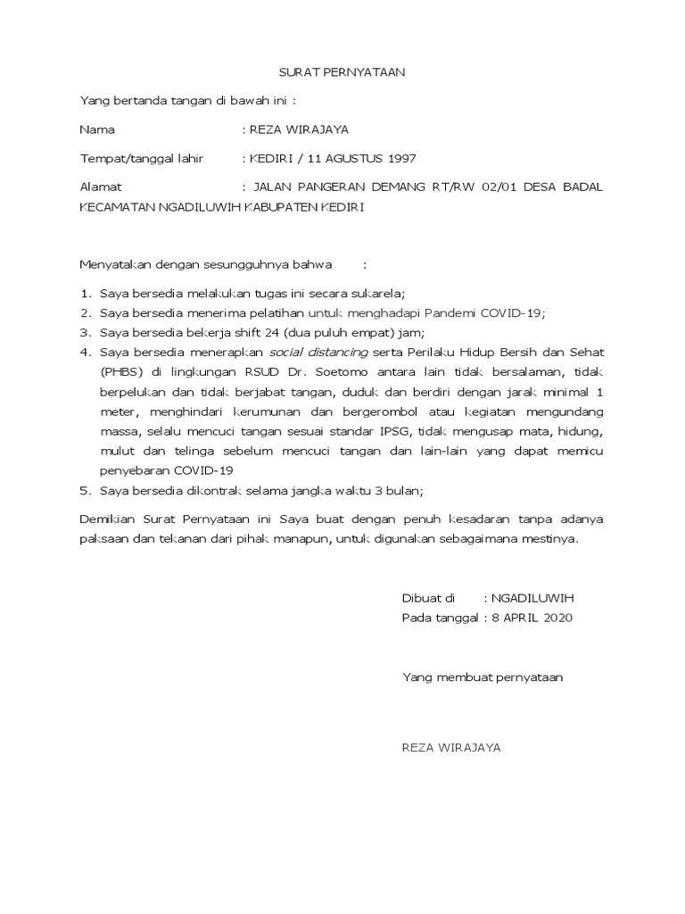 Surat Pernyataan Relawan Rsud Dr. Soetomo | PDF