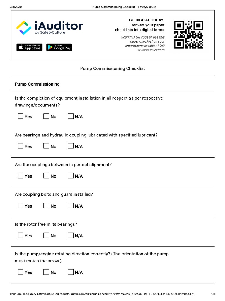 Pump Commissioning Checklist - SafetyCulture | PDF | Pump | Instrumentation
