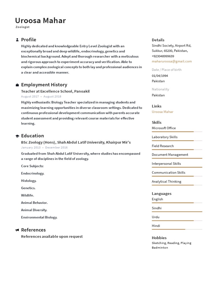 Uroosa Mahar - Resume - Zoologist | PDF | Zoology | Communication