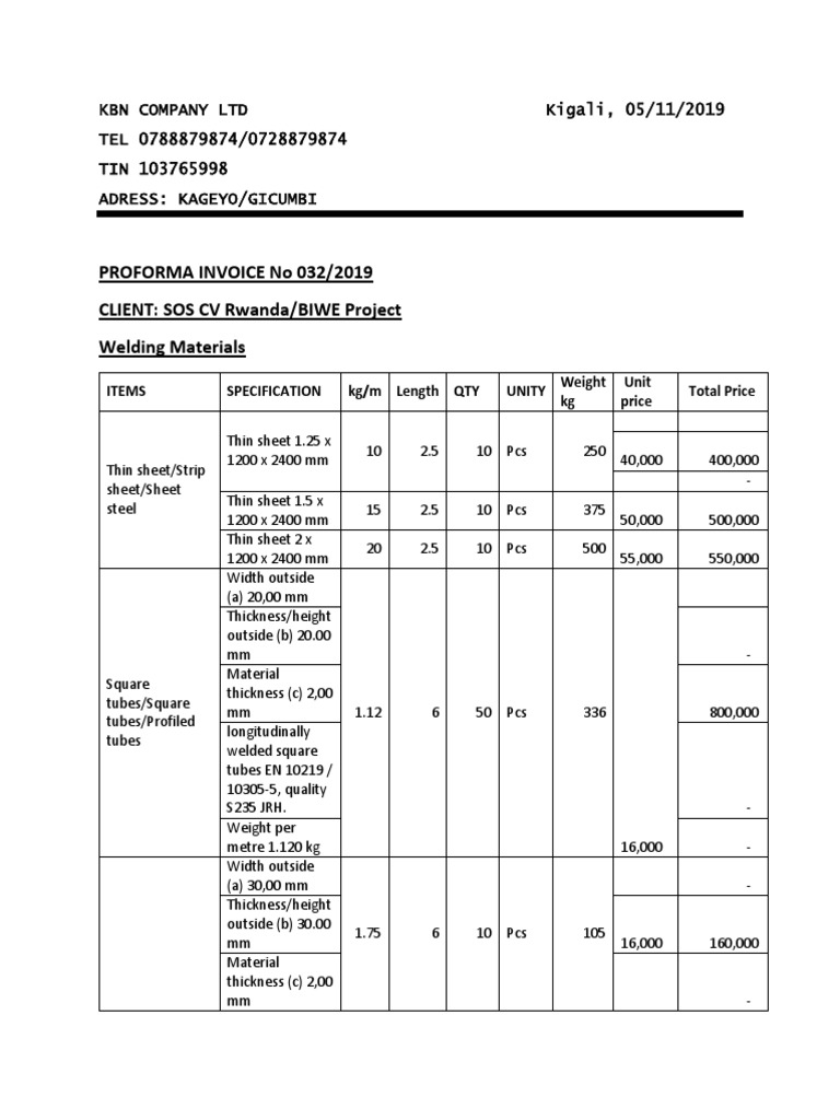 KBN Proforma BIWE Welding and Plumbing Materials. | PDF | Screw | Pipe (Fluid Conveyance)