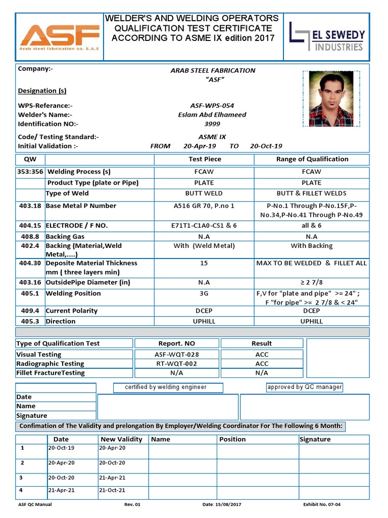 Welder'S and Welding Operators Qualification Test Certificate ACCORDING ...