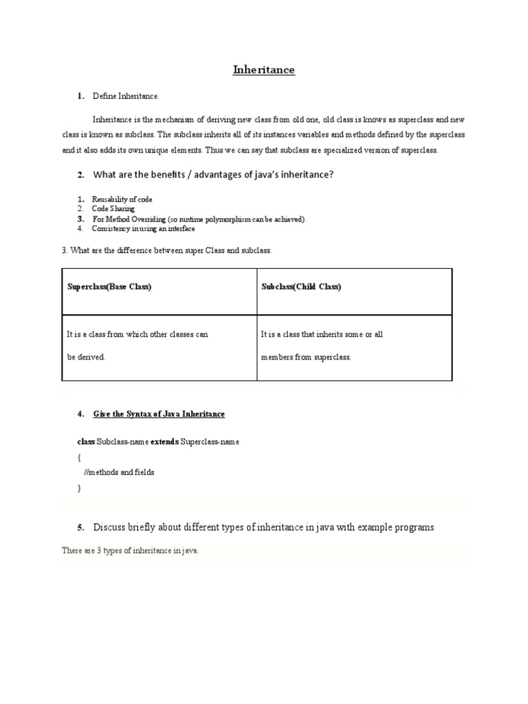 Java Inheritance Possible Questions And Answers Pdf Inheritance Object Oriented