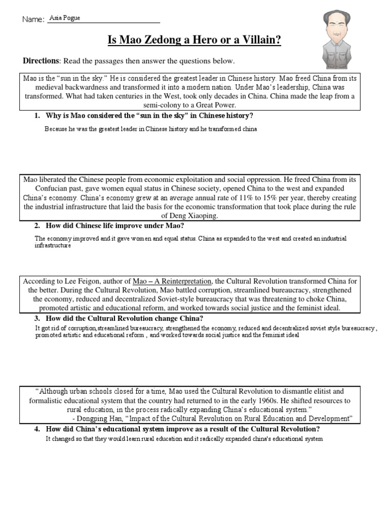 Is Mao Zedong A Hero or A Villain?: Directions: Read The Passages Then ...