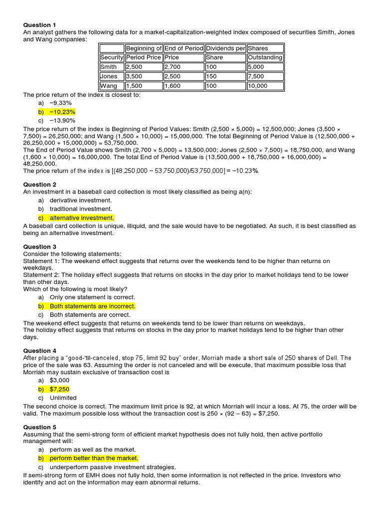 Market-Capitalization-Weighted Index Return Calculation | PDF | Stocks ...