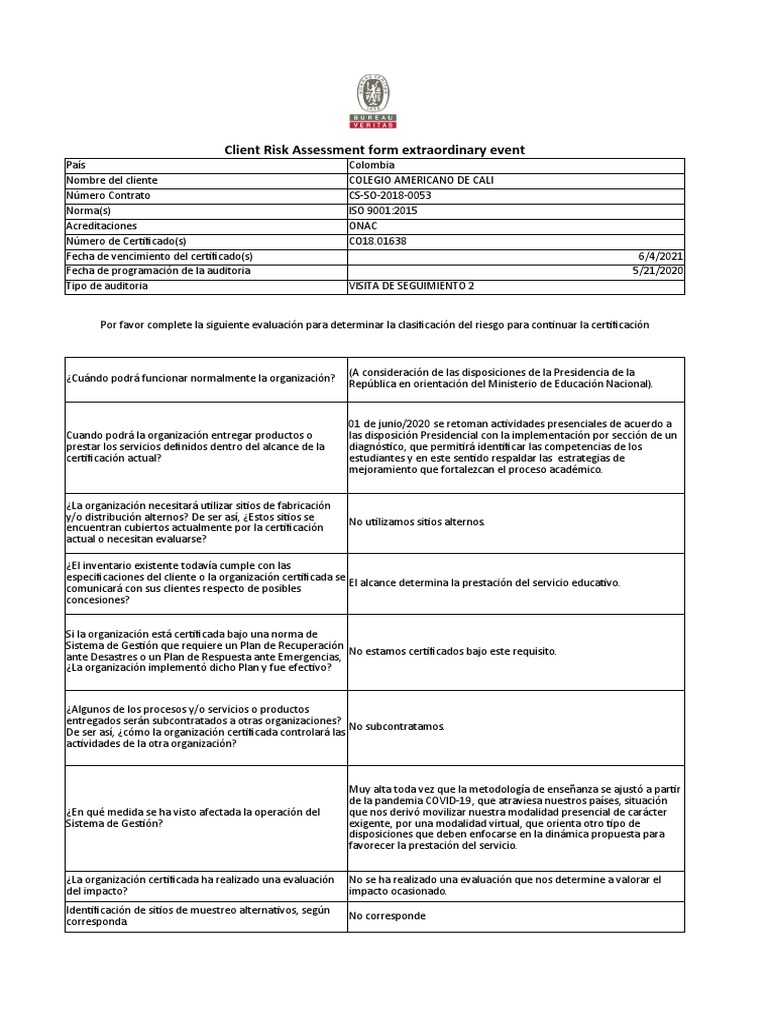 Client Risk Assessment Form Extraordinary Event | PDF | Cliente ...