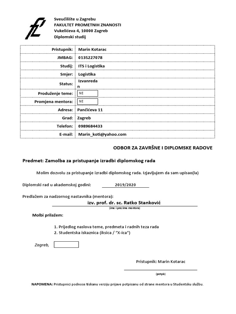 Zamolba Za Pristupanje Izradbi Diplomskog Rada Marin Kotarac | PDF