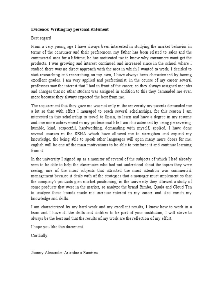 Personal Statement for Scholarship Application | PDF | Motivation ...