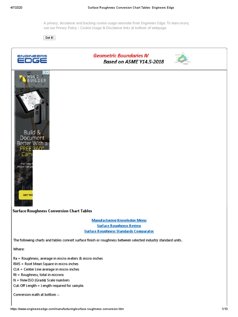 Surface Roughness Conversion Chart Tables - Engineers Edge | PDF ...
