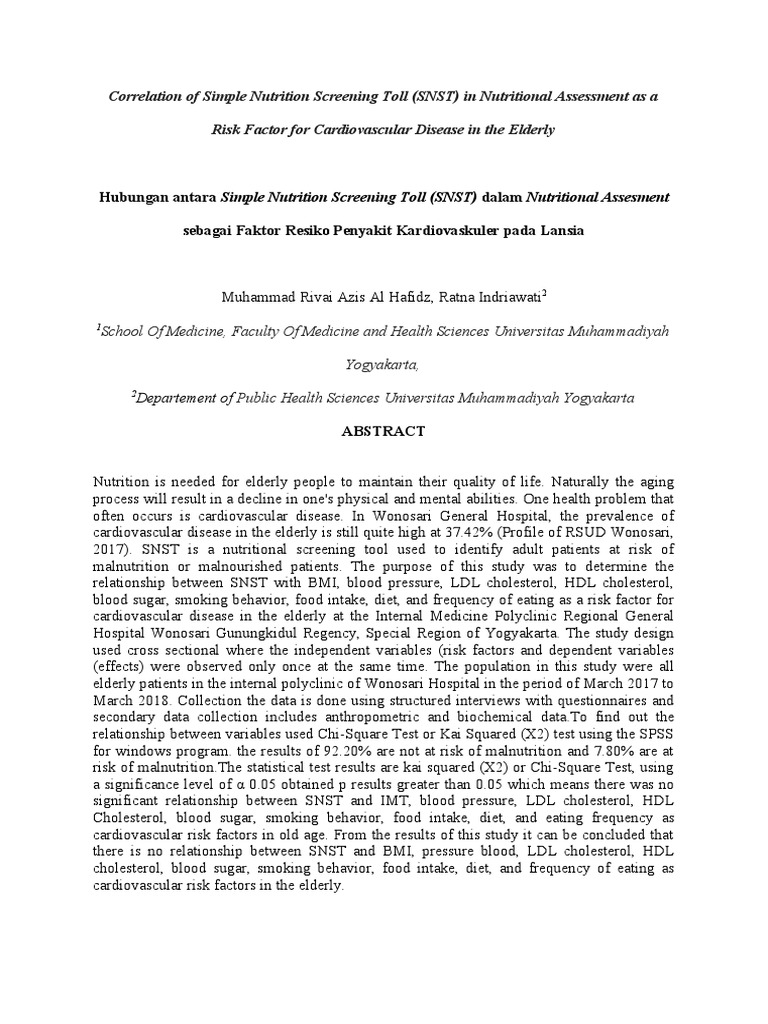 Hubungan Antara Simple Nutrition Screening Toll (SNST) Dalam Nutritional Assesment Sebagai ...