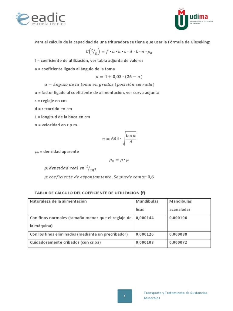 Fromulario Cálculo de La Capacidad de Una Trituradora | PDF | Física | Física Aplicada e ...