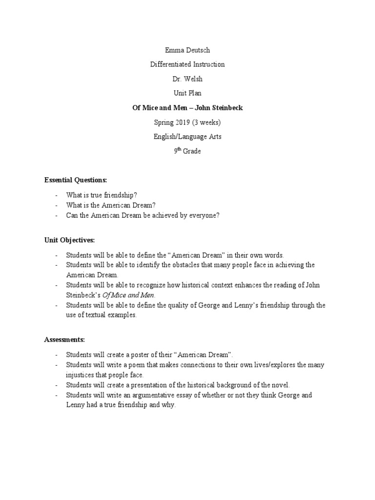 Of Mice and Men Unit Plan for 9th Grade | PDF | Reading Comprehension ...