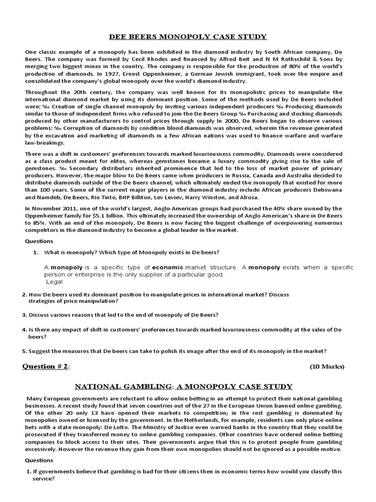 Dee Beers Monopoly Case Study | PDF | Diamond | Monopoly