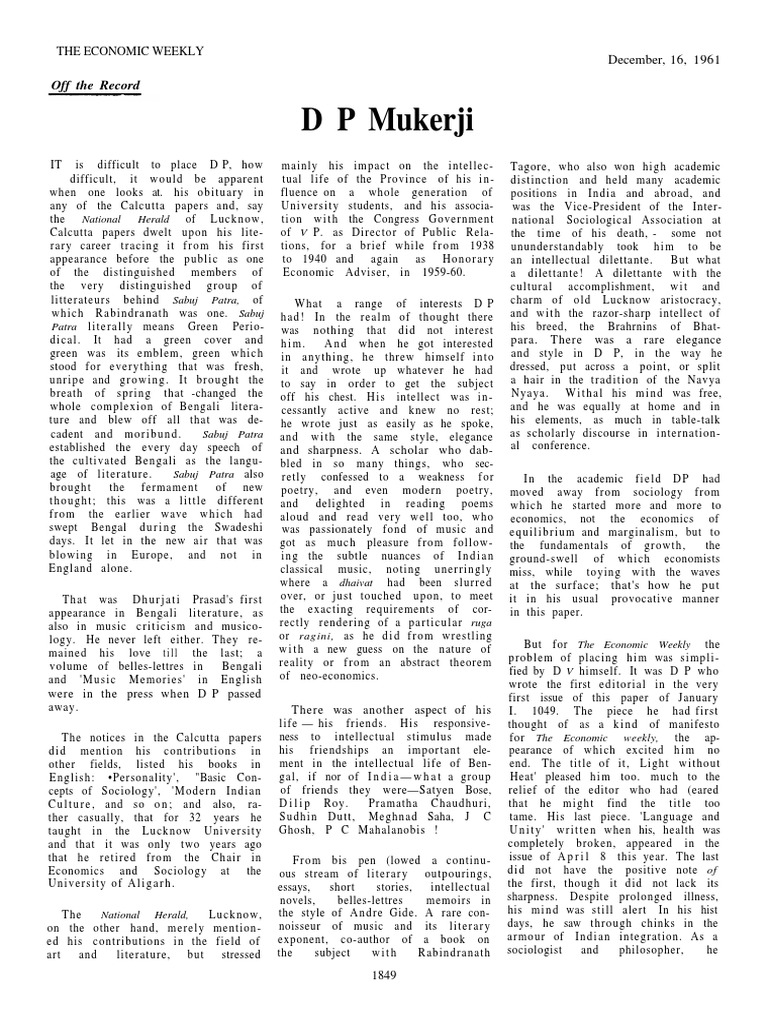 D P Mukerji: Off The Record | PDF