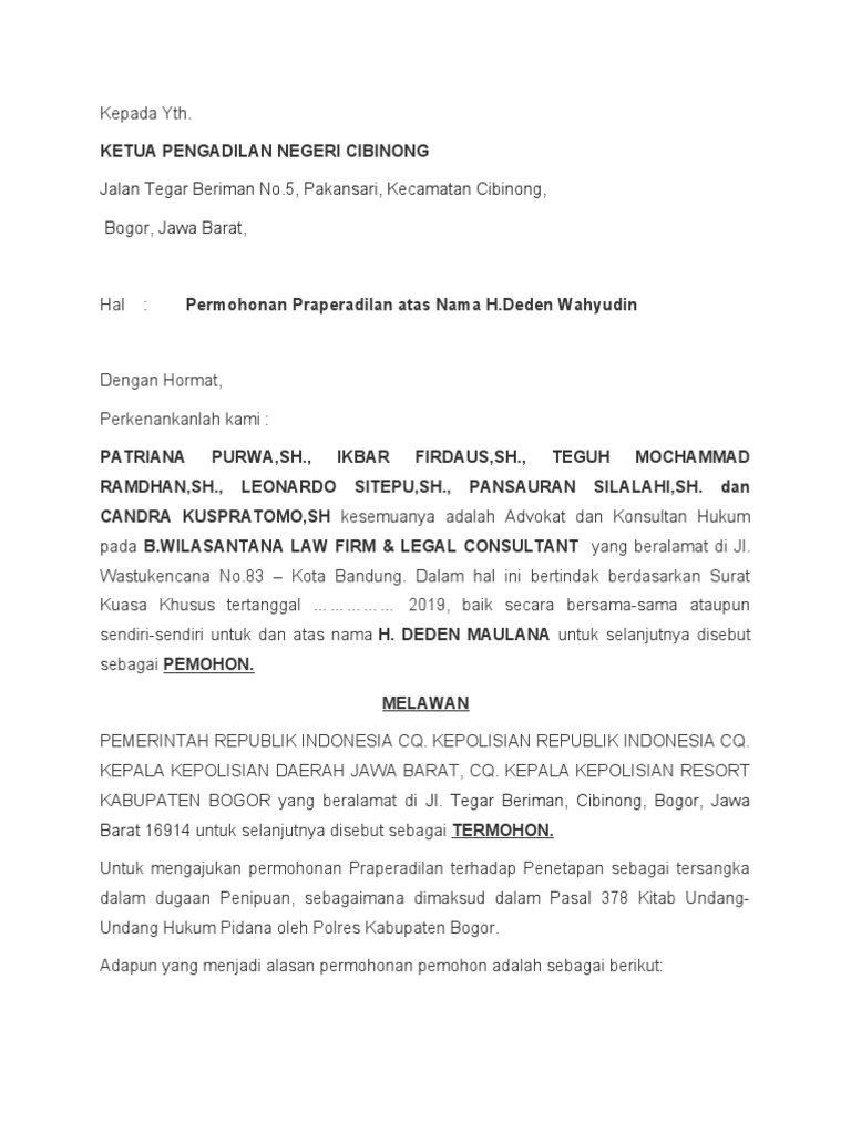 Contoh Surat Permohonan Praperadilan | PDF | Hukum