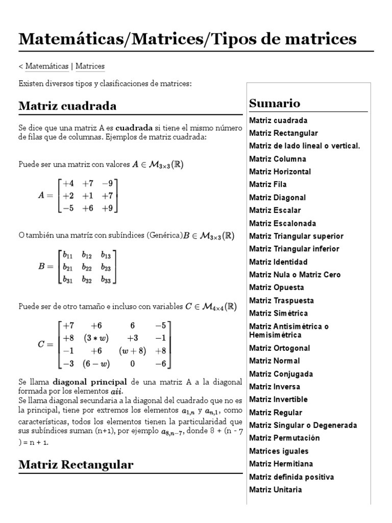 Matemáticas - Matrices - Tipos de Matrices - Wikilibros | PDF | Matriz ...