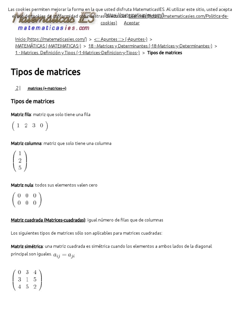Tipos de matrices y sus características | PDF | Matriz (Matemáticas ...