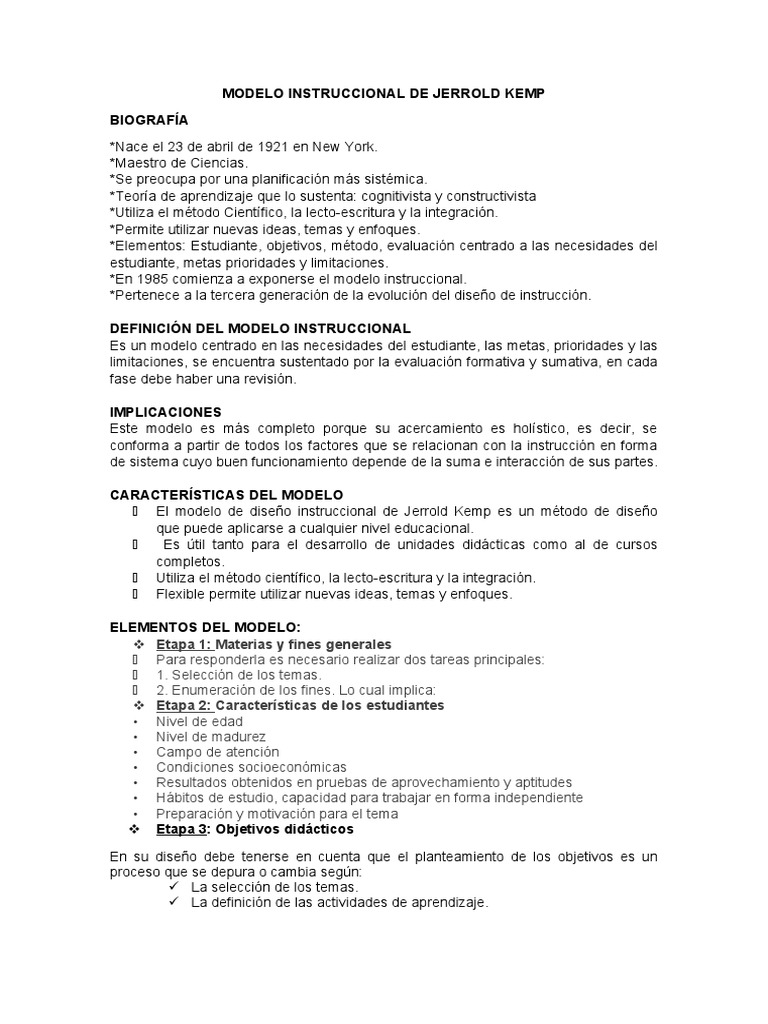 MODELO INSTRUCCIONAL DE JERROLD KEMP Resumen | PDF | Evaluación ...