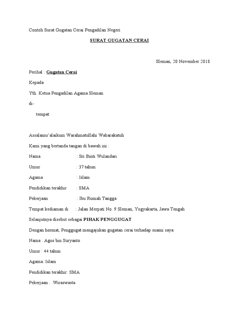 Contoh Surat Gugatan Cerai Pengadilan | PDF