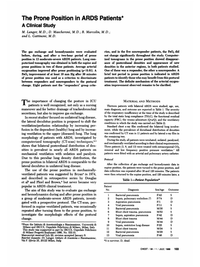 1988 The Prone Position in ARDS Patients | PDF | Physiology | Medical ...