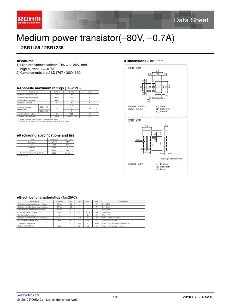 Medium Power Transistor ( 80V, 0.7A) : 2SB1189 / 2SB1238 | PDF ...