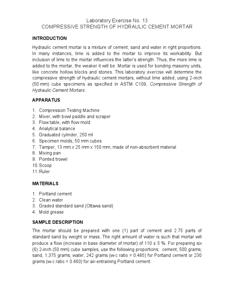 LabEx No. 13 Compressive Strength of Hydraulic Cement Mortars | PDF | Mortar (Masonry) | Lime ...