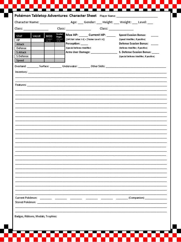 Pokémon Tabletop Adventures Character Sheet | PDF | Role Playing Games ...
